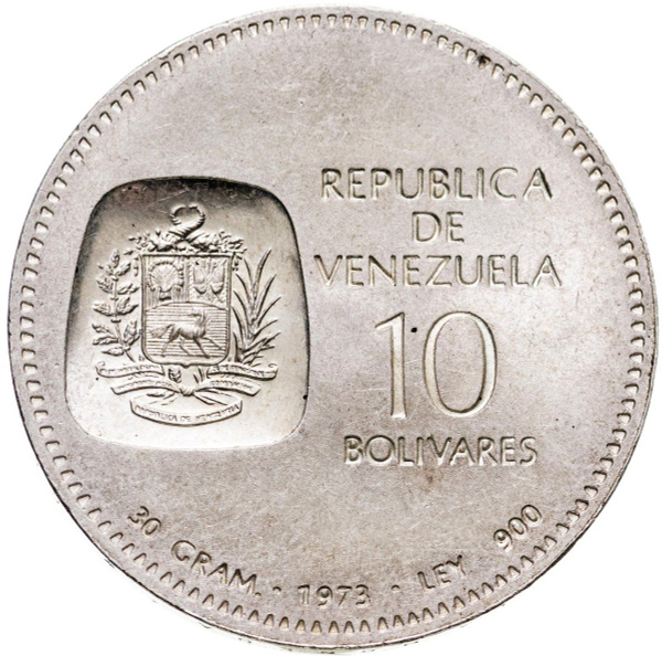 Венесуэла 10 боливаров bolivares 1973 "100 лет изображению на монетах бюста Симона Боливара ...