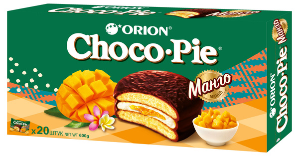 Пирожное Orion Choco-Pie Mango бисквитное с джемом из манго, 600 г, 2 ...