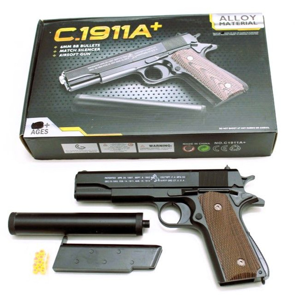 Пистолет металлический страйкбольный C.1911A+ с глушителем и пулями 6мм ...