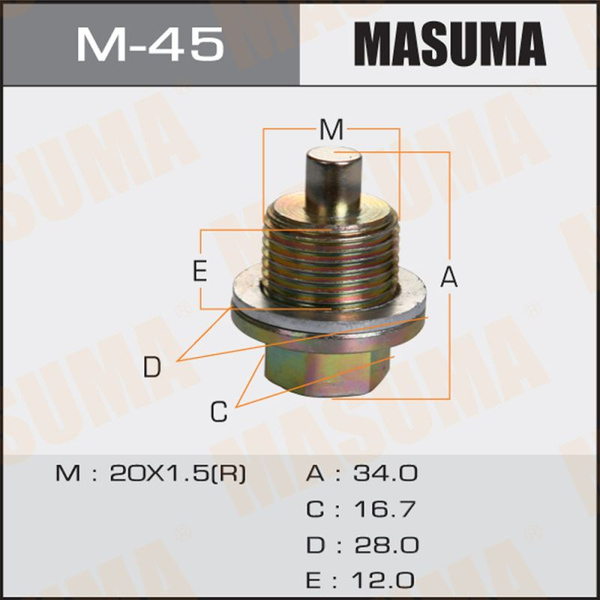 БОЛТ (ПРОБКА) МАСЛОСЛИВНОЙ MASUMA С МАГНИТОМ M20X1.5, M-45 - Masuma арт ...