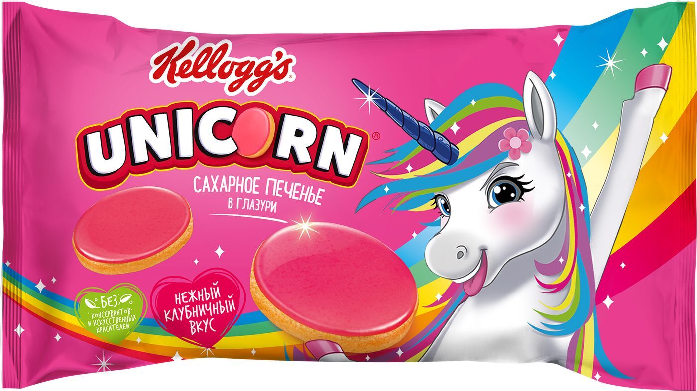 Печенье Kellogg's Unicorn Клубника, сахарное, в глазури, 105 г х 15 шт ...