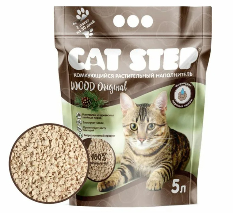 Cat Step, наполнитель Wood Original, растительный, комкующийся ...