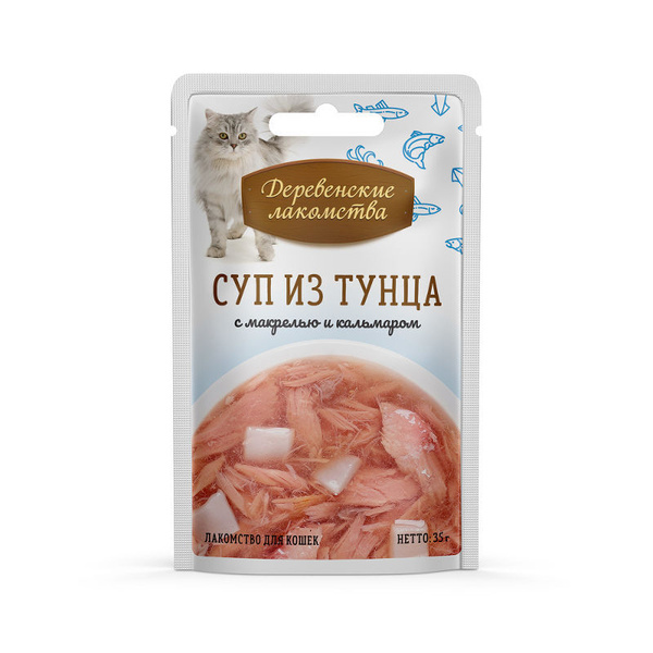 ДЕРЕВЕНСКИЕ ЛАКОМСТВА 35 г суп для кошек из тунца с кальмаром и ...