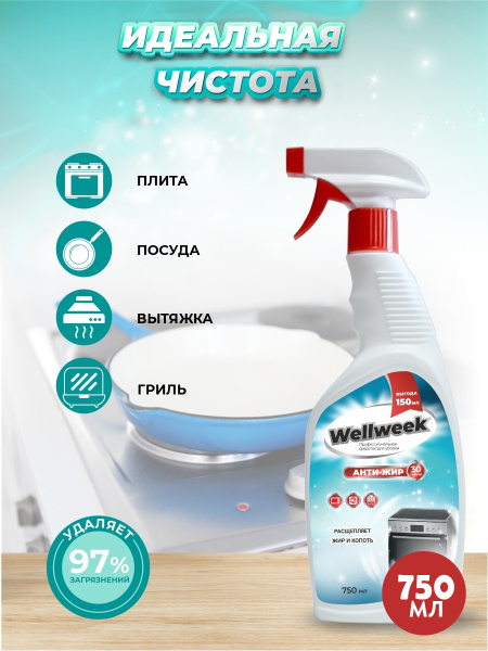 Антижир для кухни Wellweek спрей 750 мл, чистящее средство, бытовая химия, спрей, для плиты ...