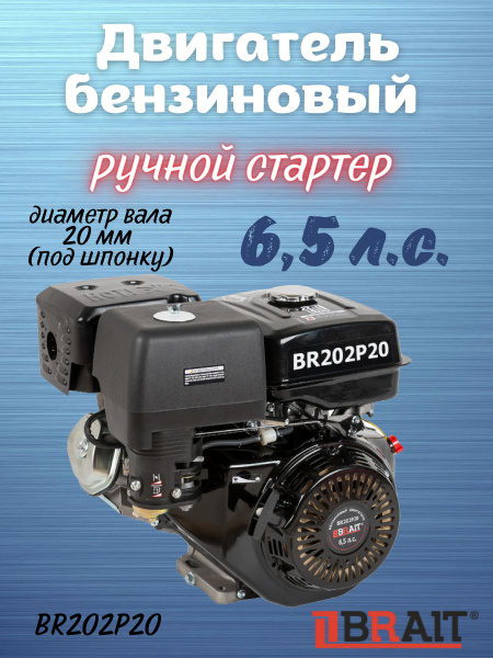Двигатель бензиновый Brait BR202P20, 6,5 лс, вал 20 мм под шпонку, 4-х тактный одноцилиндровый ...