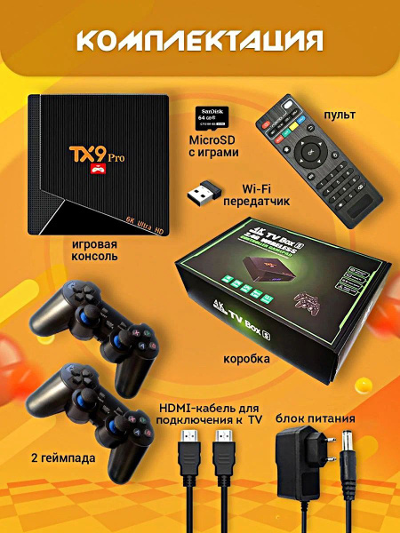 Игровая приставка TX9 PRO + Android TV, 4K HD, Игры, 64GB, Процессор ...