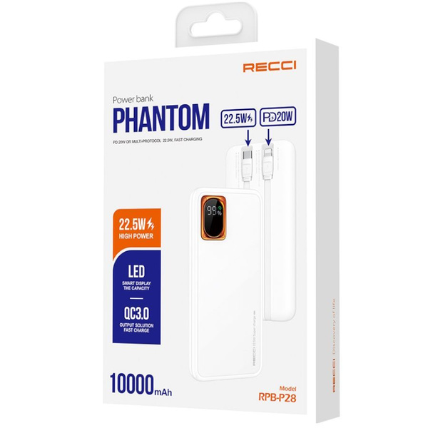 Внешний аккумулятор (Power Bank) RECCI RPB-P28 Phantom 10000мАч, USB + Type-C, 22.5+PD20 Вт ...