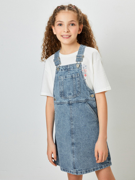 Сарафан Девочки Acoola голубой Повседневный Текстиль Карманы, размер 146 Пуговицы свободный ...