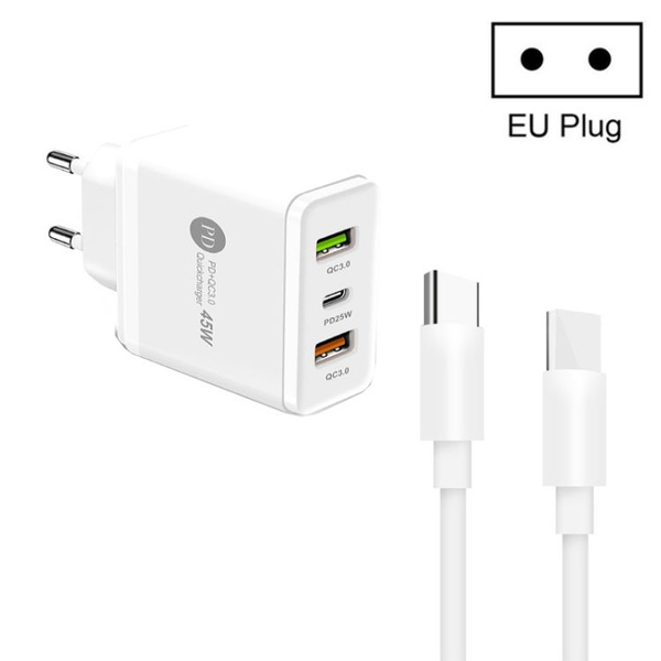 EU Plug + Type-C to Type-C Cable 45W PD3.0 + 2 x QC3.0 USB Multi-Port ...