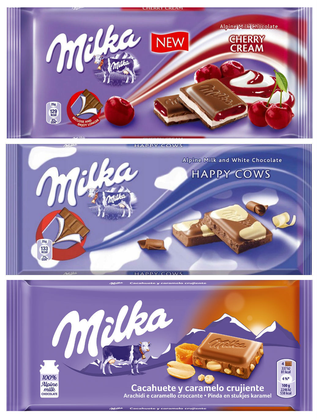 Шоколад Milka Cherry Cream + Happy Cow + Peanut Crispy Caramel (3 шт ...