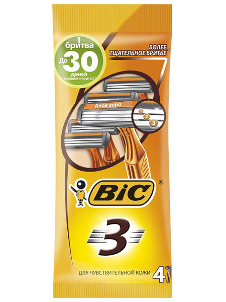 BIC Бритва одноразовая 3 Sensitive / БИК 3 Сенситив, 3 лезвия, увлажняющая полоска, 4 шт. в ...