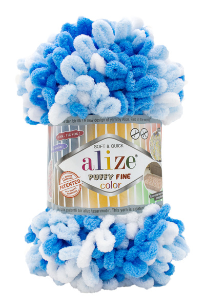 Пряжа Alize Puffy Fine Color -4 шт, синий-белый (6371), 14 м/100 г ...