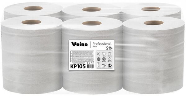 Бумажные полотенца в рулонах с центральной вытяжкой Veiro Professional Basic KP105, 6 рулонов по ...