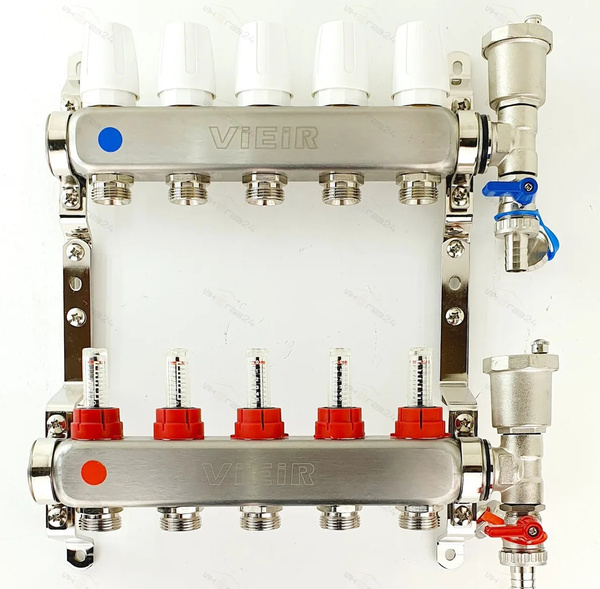 Коллектор для теплого пола 5 контуров в сборе распеределительный с расходометрами 1"x3/4" VIEIR ...
