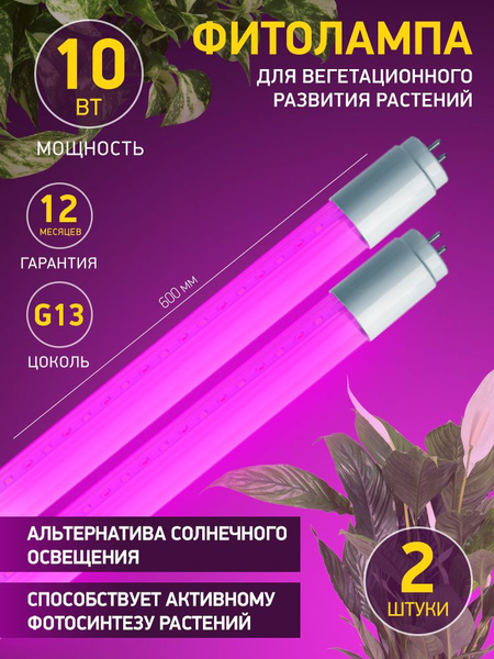 Лампа светодиодная фито для роста растений LED-T8-FITO 10Вт 230В G13 600мм IN HOME 2 штуки ...