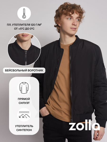 Бомбер Мужской Zolla черный Полиэстер, размер 50 Длинный Демисезон Китай купить c доставкой на ...
