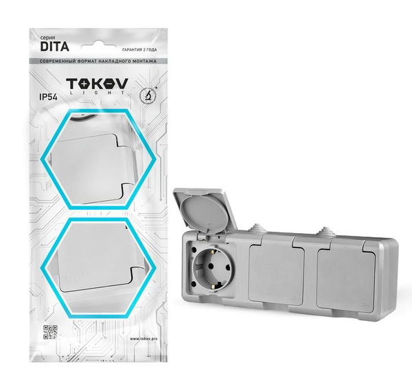 Розетка 3 м ОП Dita 16А Ip54 250В с заземл с сер крышкой сер Tokov Electric Tkl Dt R3z C06