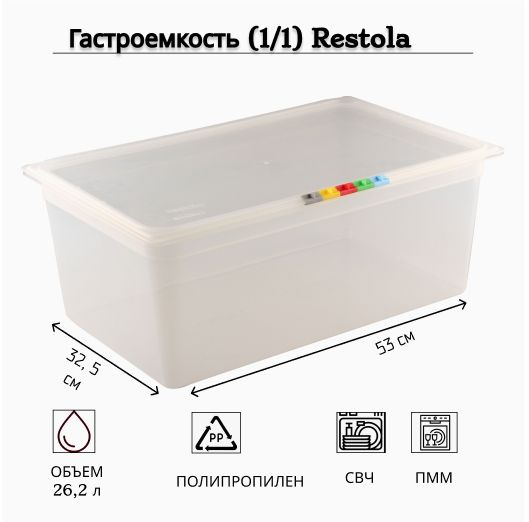 Гастроемкость (1/1) Restola 26.2л, 530х325х200мм, полипропилен ...