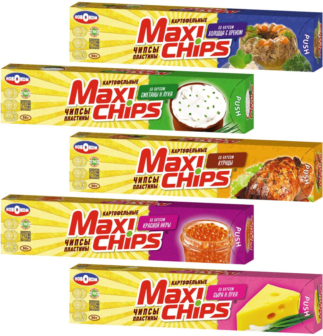 Набор чипсов Maxi-chips Холодец и хрен, Сметана и лук, Курица, Красная ...