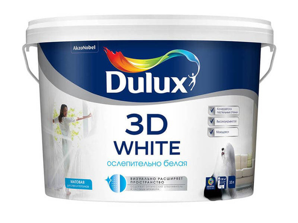 Краска DULUX 3D White Быстросохнущая, Водно-дисперсионная, Матовое ...