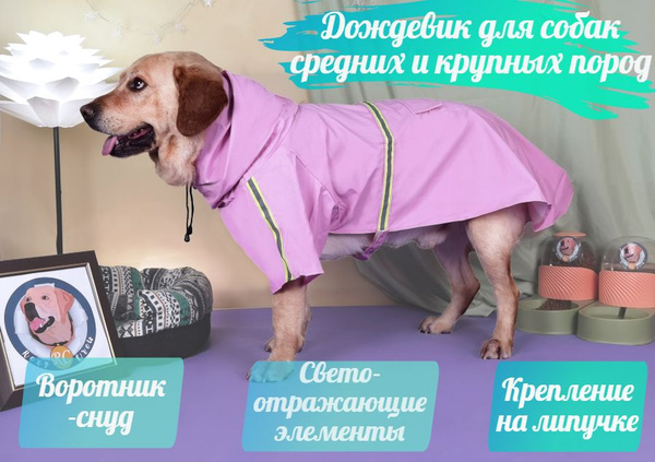 Дождевик Rexy crew со светоотражающими лентами для собак средних и крупных пород , цвет розовый ...