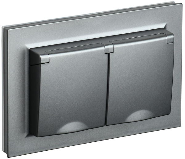 Розетка двухместная Сталь с заземлением с защитными шторками и крышкой в сборе IP44 IEK Brite ...