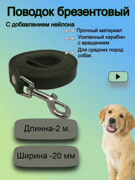 Поводок для собак брезентовый 2 м., шириной 20 мм, хаки темно-зеленый ...