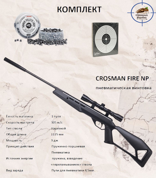 Характеристики Пневматическая винтовка Crosman Fire NP (прицел 4x32, 3 ...