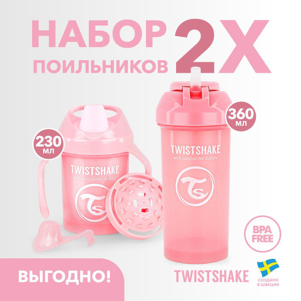 Набор поильников непроливаек Twistshake для детей, 230 мл и 360 мл, 2 шт., розовый купить на ...