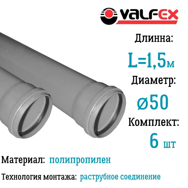 Труба BASE для внутренней канализации VALFEX Ф50 длина 1.5 м (комплект 6 шт) - купить с ...