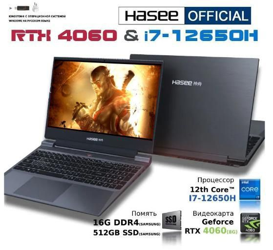 Игровой ноутбук Hasee 15.6" RTX4060 S8D6 FHD, Intel Core i7-12650H (3.50 ГГц), RAM 16 ГБ, SSD ...