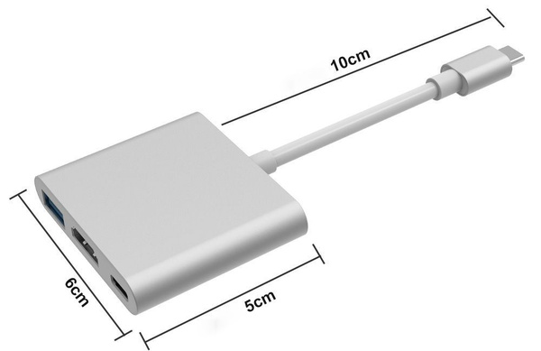 Переходник HUB Type-C на USB 3.0 - HDMI - Type-C, серебристый, Apple ...