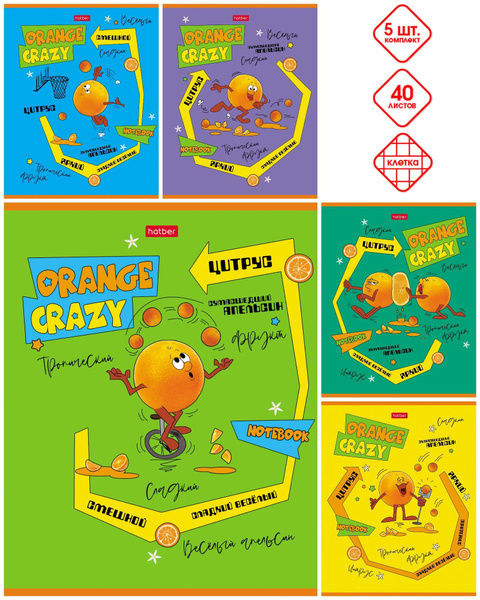 Набор тетрадей 5 штук/5 дизайнов Hatber 40 листов, в клетку, формата А5 -Crazy orange- купить на ...
