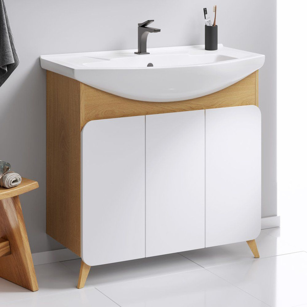 Тумба с раковиной Aqwella Basic 85 подвесная, 86, 5 см, белая, полукруглая, в современном стиле ...