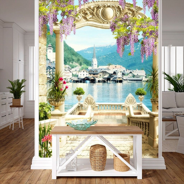 Фотообои на стену бесшовные Арка в цветах с видом на море В275 см х ...