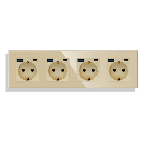 Розетка электрическая с Usb Type C Ac с заземлением панель 4 пост 16А рамка закаленное стекло