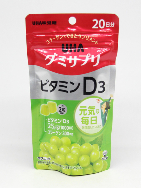 Характеристики Пищевая добавка UHA "Gummy Supple" хжевательный Витамин D3 1000 мг со вкусом ...