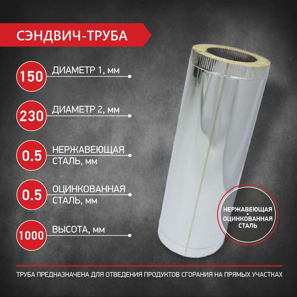 Сэндвич труба для двустенного дымохода D 150 мм / D 230 мм, L 1000 мм ...