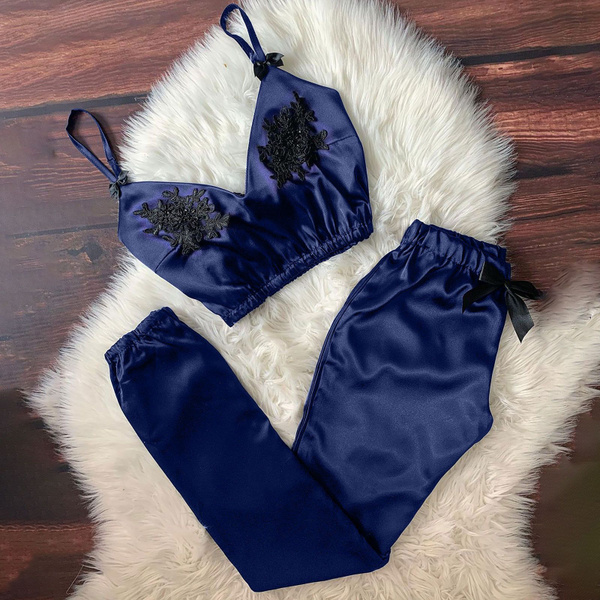 Пижама Женский Yrtoes Полиэфирное волокно, размер 46 Однотонный темно-синий Китай Шнуровка Без ...