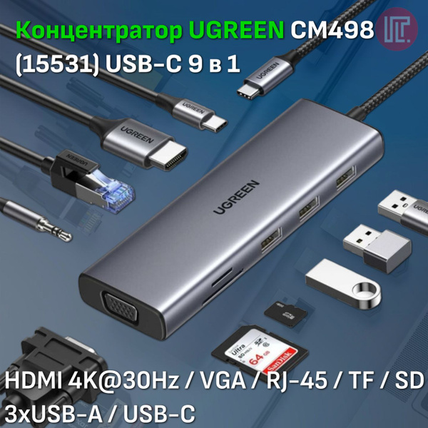 Концентратор UGREEN CM498 (15600) HDMI, 3xUSB-A, TF/SD, VGA, RJ45 ...