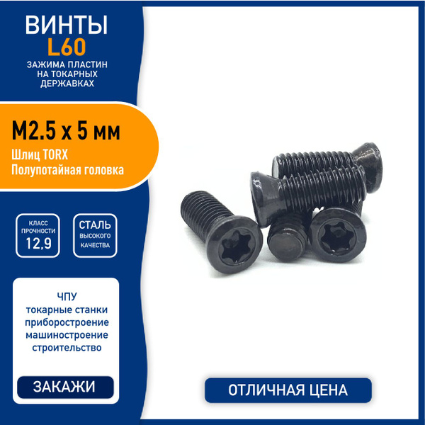 Винт L60 M2.5 x 5 мм для зажима пластин на токарных державках, сталь класса 12.9, черный - 10 шт ...