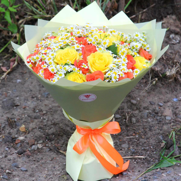 Роза, Ромашка FlorPro, цвет коралловый, желтый, 33 шт купить по ...