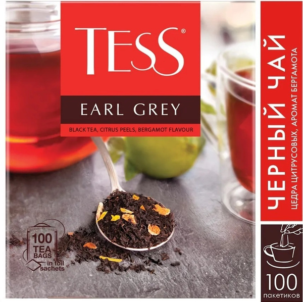 Чай в пакетиках черный Tess Earl Grey с цедрой лимона, 100 шт/Тесс ...