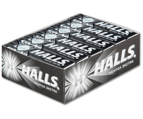 Леденцы Halls "Экстра сила" ментол экстра, черный, 25 г, 12 шт ...