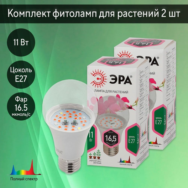 Комплект фитоламп для растений ЭРА FITO-11W-Ra90-E27 полного спектра 11 Вт Е27 2 шт. - купить с ...