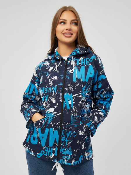 Ветровка Женский HELLO MODA! Капюшон, Карманы темно-синий, голубой Хлопок, Полиэстер, размер 54 ...
