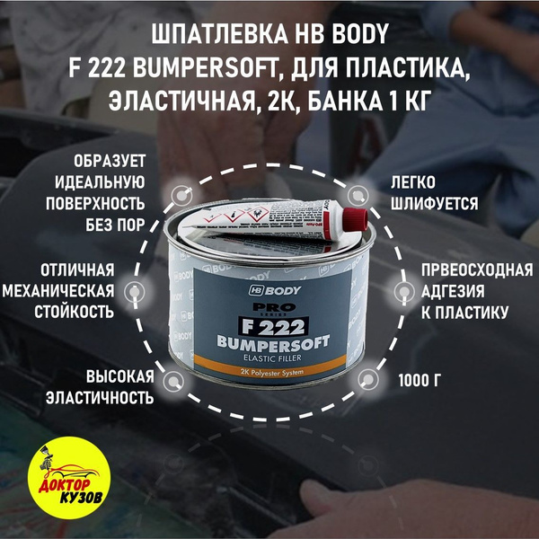 Шпатлевка по пластику HB BODY "F 222 BumperSoft" эластичная, 2К, банка 1 кг с отвердителем ...