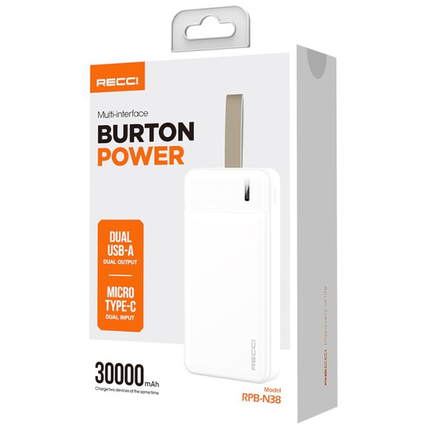 Внешний аккумулятор (Power Bank) RECCI RPB-N38 Power Burton 30000мАч, 2 ...