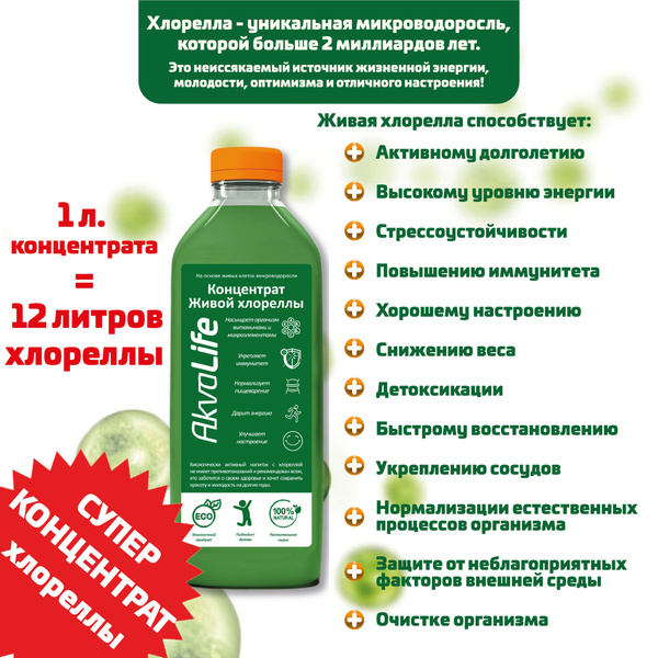 Живая хлорелла, месячный семейный курс на 2 человека (12 литров ...