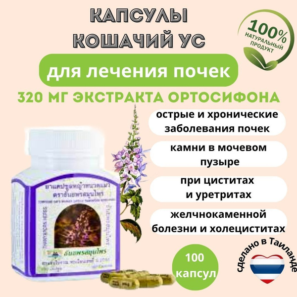 Тайские капсулы "Кошачий ус" Cat Whiskers для лечения почек, 100 капсул ...